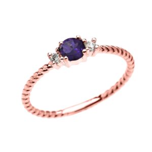 10k rose gold dainty solitaire amethyst and white topaz rope design stackable/proposal ring(size 8)