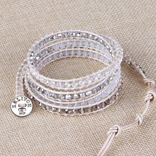 KELITCH Women Gray Clear Crystal Bracelets Beaded 5 Wrap Bracelet Handmade Love White Leather Strand Bracelets New