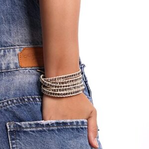 KELITCH Fashion Gray Crystal Beaded 5 Wrap Bracelet On Leather Friendship Bracelets Jewelry for Womens