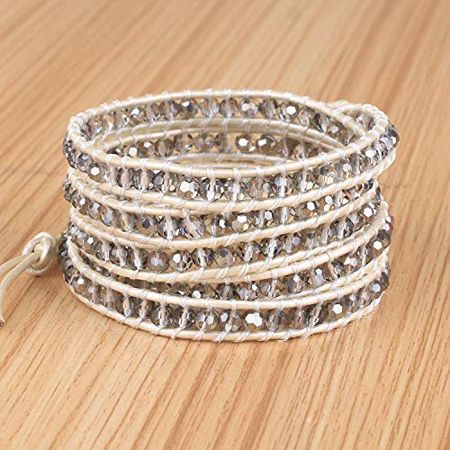 KELITCH Fashion Gray Crystal Beaded 5 Wrap Bracelet On Leather Friendship Bracelets Jewelry for Womens