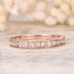 Art Deco Antique Diamond Wedding Ring,14K Rose Gold,Anniversary Ring,Half Eternity,Bezel Set,Stackable