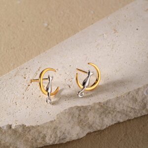 S.Leaf Cat Earrings Sterling Silver Earrings Cat Moon Earrings Cat Stuff for Cat Lovers Cat Lovers Cat Jewelry for Women Cat People Gifts for Women (silver and gold)