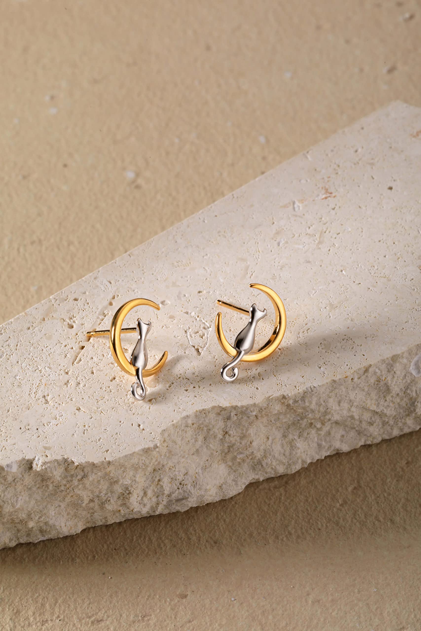 S.Leaf Cat Earrings Sterling Silver Earrings Cat Moon Earrings Cat Stuff for Cat Lovers Cat Lovers Cat Jewelry for Women Cat People Gifts for Women (silver and gold)