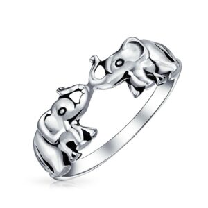 good luck trunk up zoo animal two elephants ring for women for teen oxidized .925 sterling silver