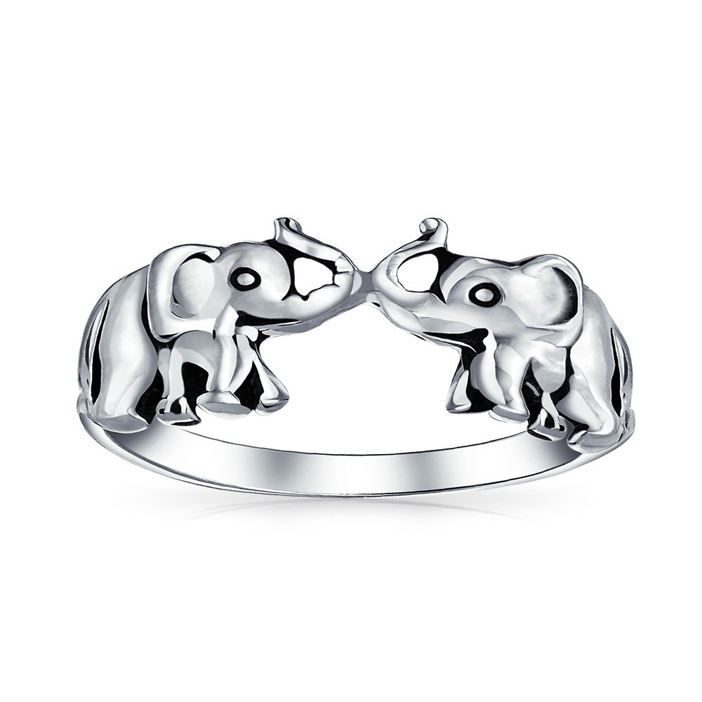 Good Luck Trunk Up Zoo Animal Two Elephants Ring For Women For Teen Oxidized .925 Sterling Silver