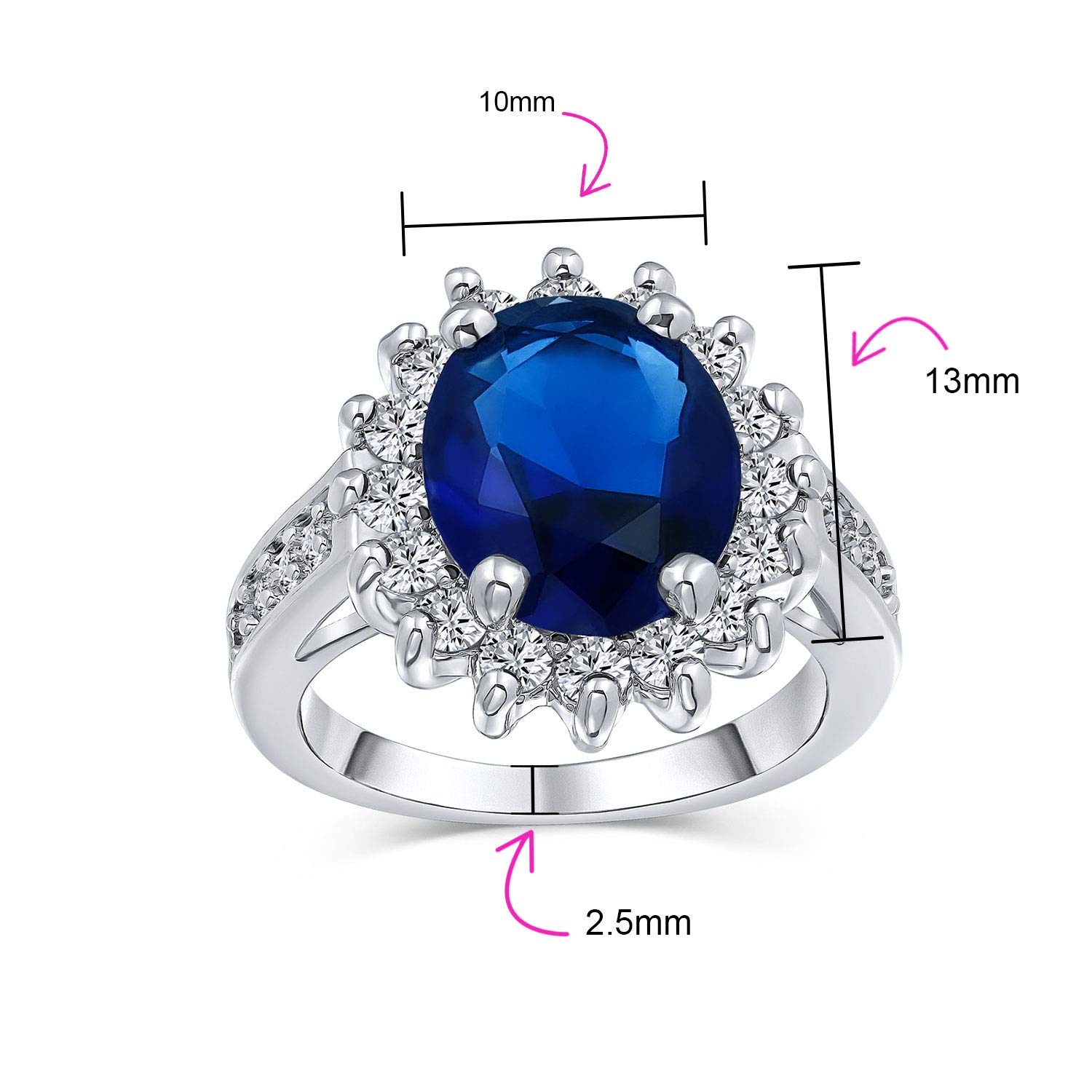 Bling Jewelry Personalize Classic Traditional 5CTW Royal Blue CZ Crown Halo Oval Cubic Zirconia Simulated Sapphire Engagement for Women Side Stones Promise Ring Silver Plated Customizable