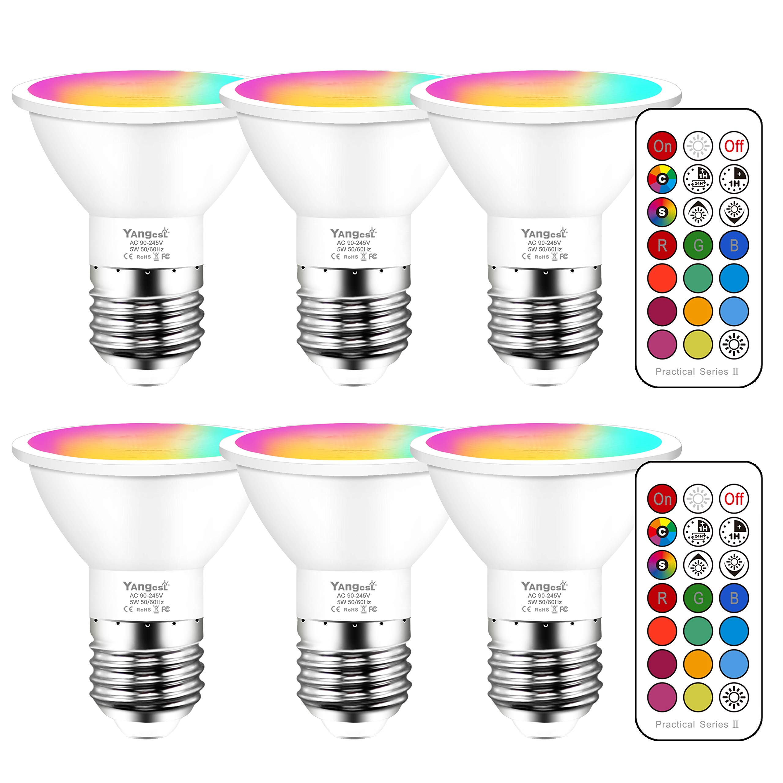 Yangcsl LED Color Changing RGB Light Bulb with Remote 40W Equivalent 400LM, 45° Beam Angle and Memory, E26 Mood Ambiance Lighting (6 Pack)