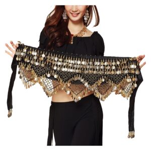 wuchieal women's sweet bellydance hip scarf with gold coins skirts wrap noisy black