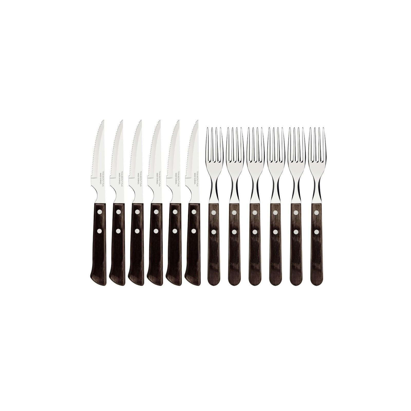 Tramontina Churrasco Premium Steak Knife Fork Set, 12 Piece with Brown Wooden Handles