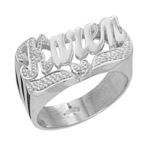 personalized silver name ring custom letter finger size mom, sister, prom party. name plate rings. gift for friends, kids. initial ring. white rhodium or yellow plated sns112 (sterling-silver, 7)