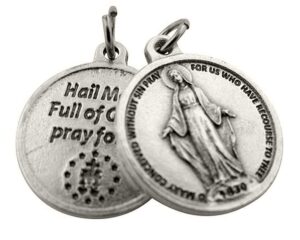 religious gifts silver toned base our lady of grace miraculous medal with prayer protection pendant, 3/4 inch