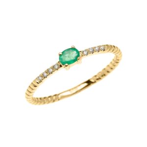 10k yellow gold diamond and oval solitaire emerald dainty promise ring (size 9)