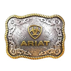 ariat large scalloped shape buckle with logo, floral and scroll detail, twisted rope trim, 3.75"x 2.75"