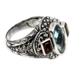 novica artisan handmade blue topaz garnet cocktail ring silver from bali sterling red multi stone indonesia birthstone [crownbezel 0.6 in l x 0.7 in w x 0.4 in h band width 4 mm w] ' limpid pool'