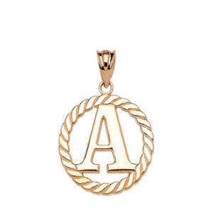 high polish 14k yellow gold roped circle "a" initial charm pendant