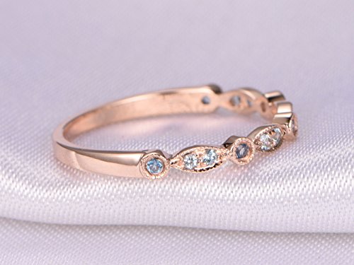 Blue Topaz Wedding Ring,Art Deco,14K Rose Gold,Anniversary Ring,Half Eternity,Milgrain,Matching Band