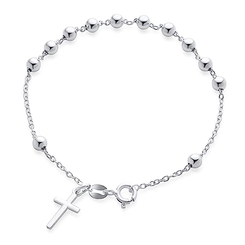 Thin Simple Religious Prayer Ball Beads Cross Rosary Bracelet For Women For Teen .925 Sterling Silver