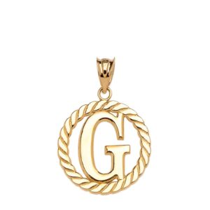 high polish 14k yellow gold roped circle "g" initial charm pendant