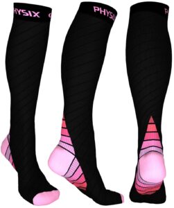 physix gear compression socks 20-30 mmhg - men & women - running, nurses, shin splints, flight, travel (black / pink-l/xl)