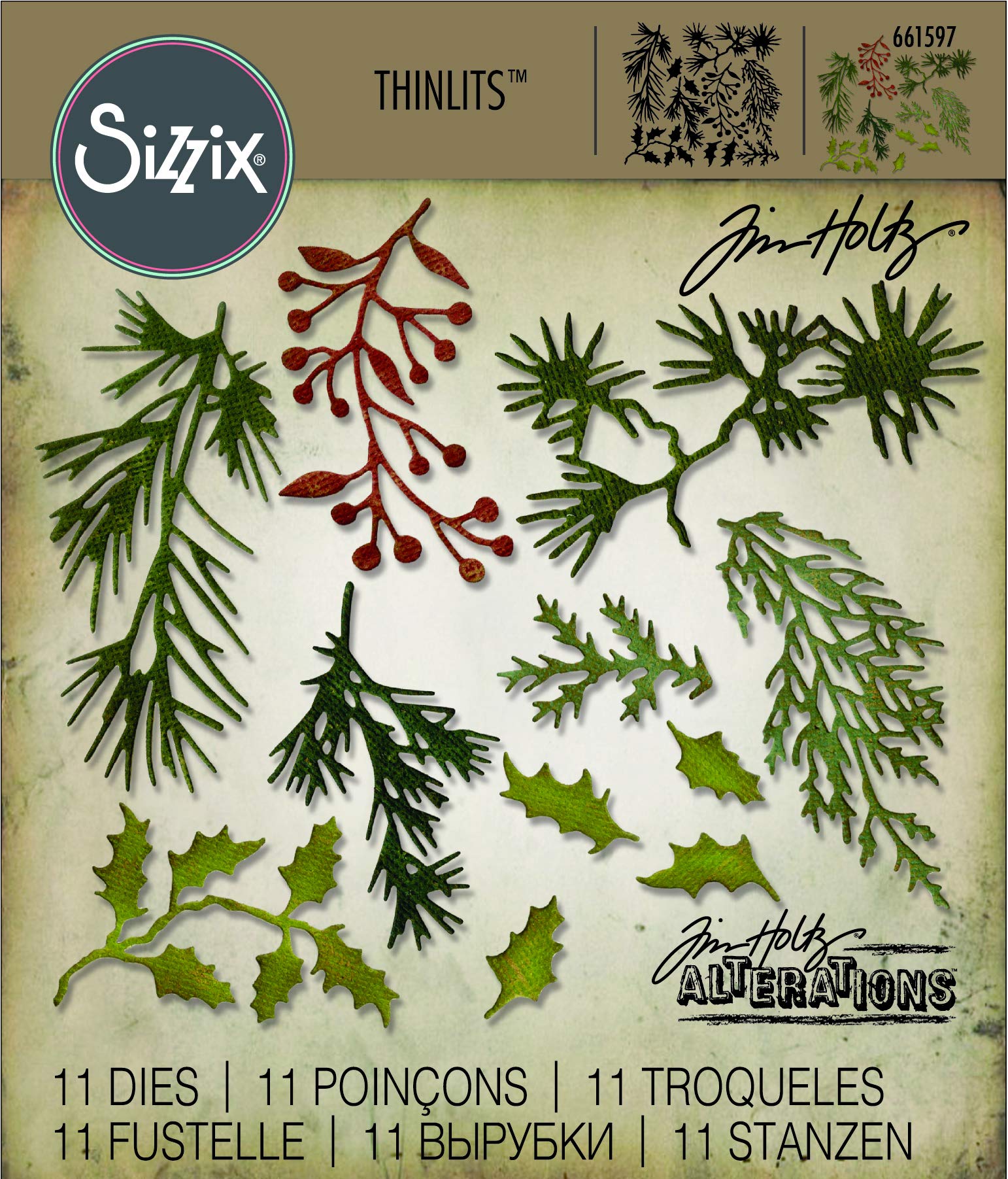 Sizzix Thinlits Die Set 661597, Holiday Greens, Mini by Tim Holtz, 11 Pack, One Size, Multi Color