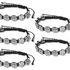 CB Silver Tone Saint Benedict Medal on Adjustable Black Cord Wrist Bracelet, 8 Inch, Pack of 5