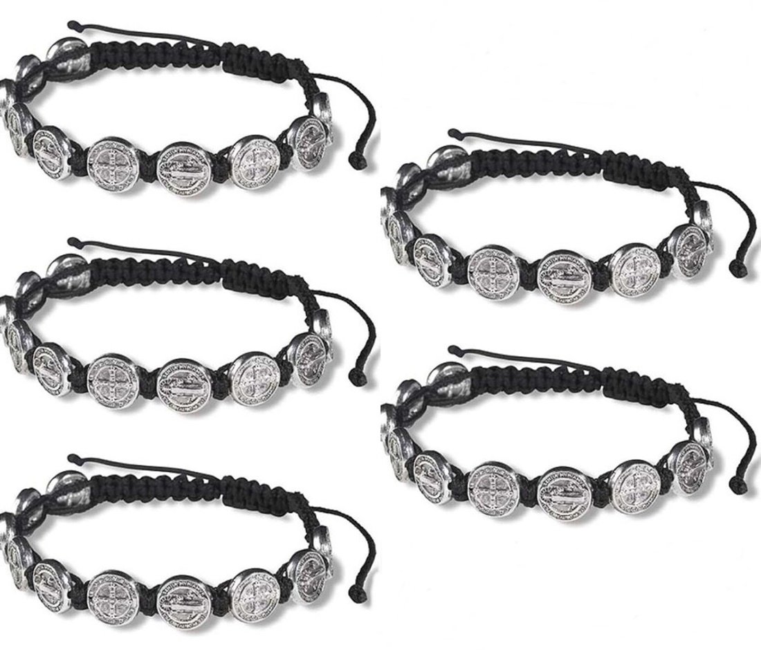 CB Silver Tone Saint Benedict Medal on Adjustable Black Cord Wrist Bracelet, 8 Inch, Pack of 5