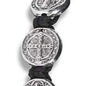 CB Silver Tone Saint Benedict Medal on Adjustable Black Cord Wrist Bracelet, 8 Inch, Pack of 5