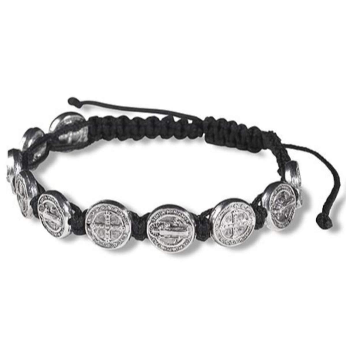 CB Silver Tone Saint Benedict Medal on Adjustable Black Cord Wrist Bracelet, 8 Inch, Pack of 5