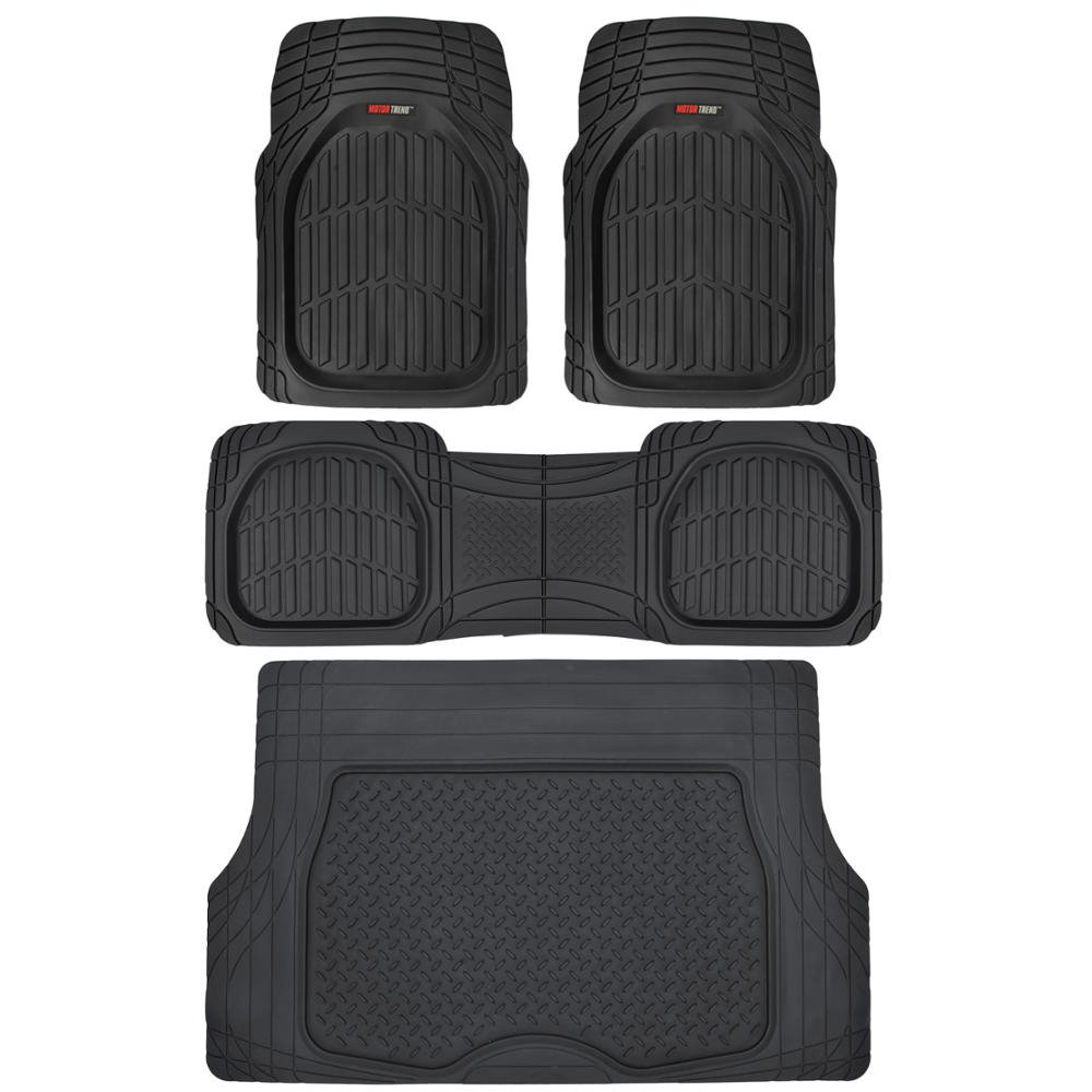 Motor Trend 4pc Black Car Floor Mats Set Rubber Tortoise Liners w/ Cargo for Auto SUV Trucks - All Weather Heavy Duty Floor Protection - MT-923-BK+MT-884-BK_amj