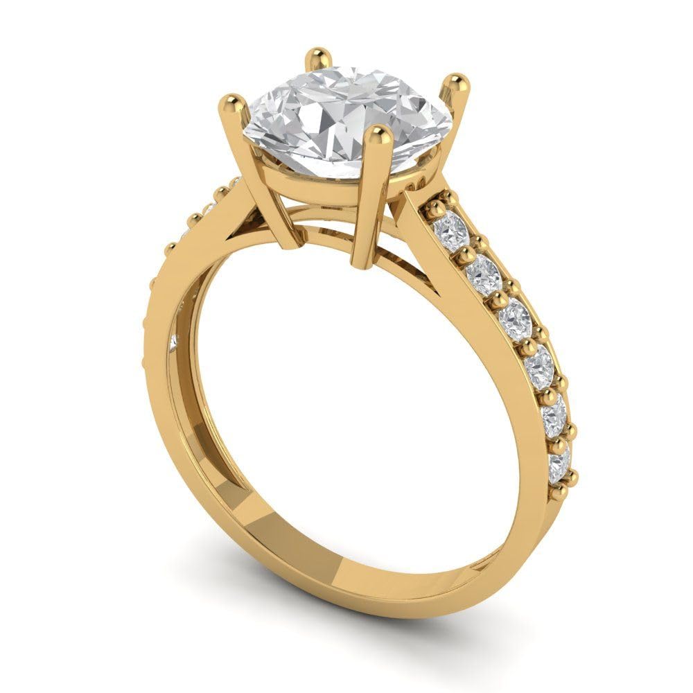 Yellow 14k Gold Solitaire W/Accents Statement Bridal Engagement Promise Ring 2.3 Ct Round Cut Clear Simulated Diamond Sz 10