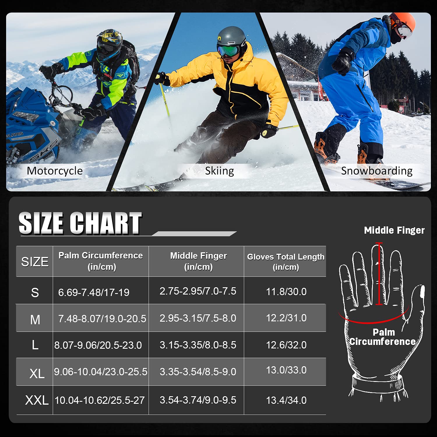 MCTi Waterproof Mens Ski Gloves Winter Warm 3M Thinsulate Snowboard Snowmobile Cold Weather Gloves Black Medium