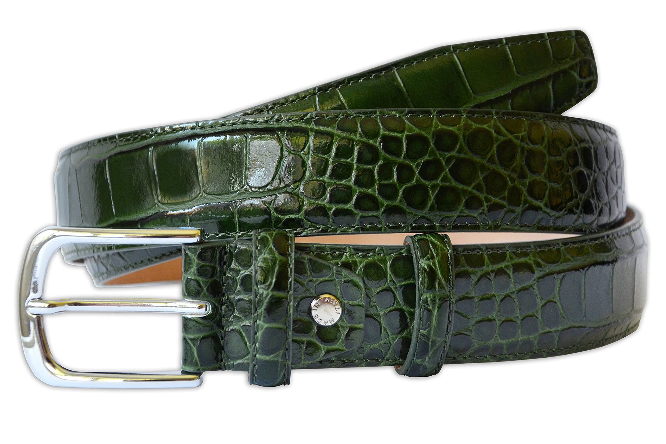 PASQUALE CUTARELLI Mens Crocodile Pattern Italian Leather Belt Green Medium 36 Inches