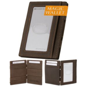 garzini magic wallet with id holder, minimalist wallet with rfid card holder, leather wallet for 8 cards, java brown