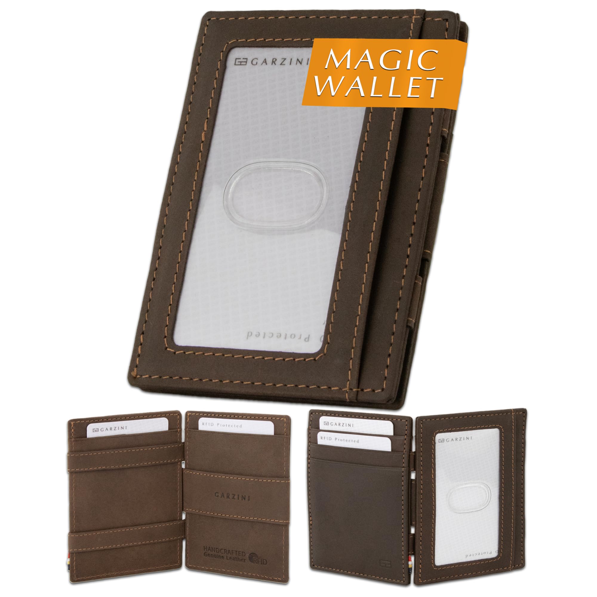 GARZINI Magic Wallet with ID Holder, Minimalist Wallet with RFID card holder, Leather Wallet for 8 cards, Java Brown