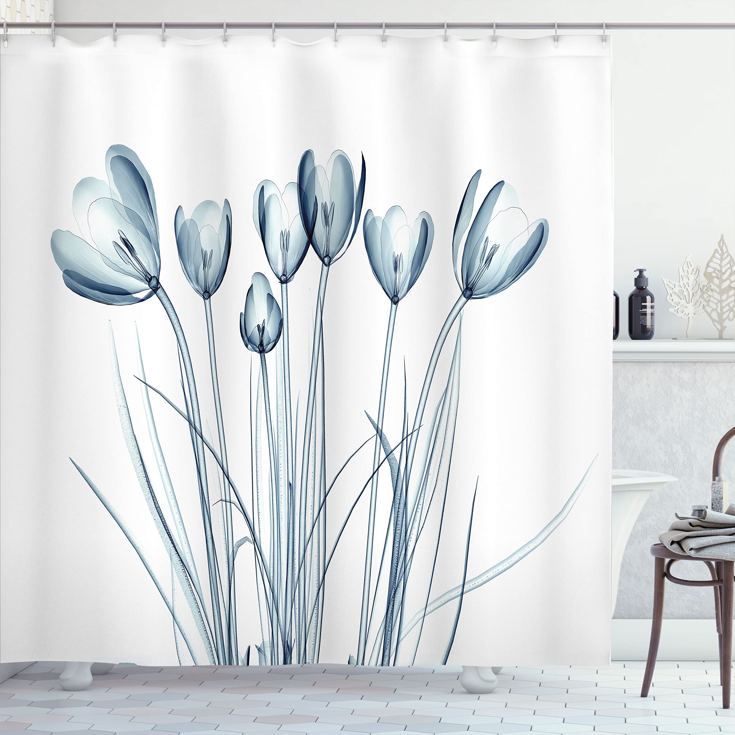 Ambesonne Flower Shower Curtain, X-ray Image of Tulips Solarized Effect Nature Inspired, Cloth Fabric Bathroom Decor Set with Hooks, 69" W x 75" L, Petrol Blue