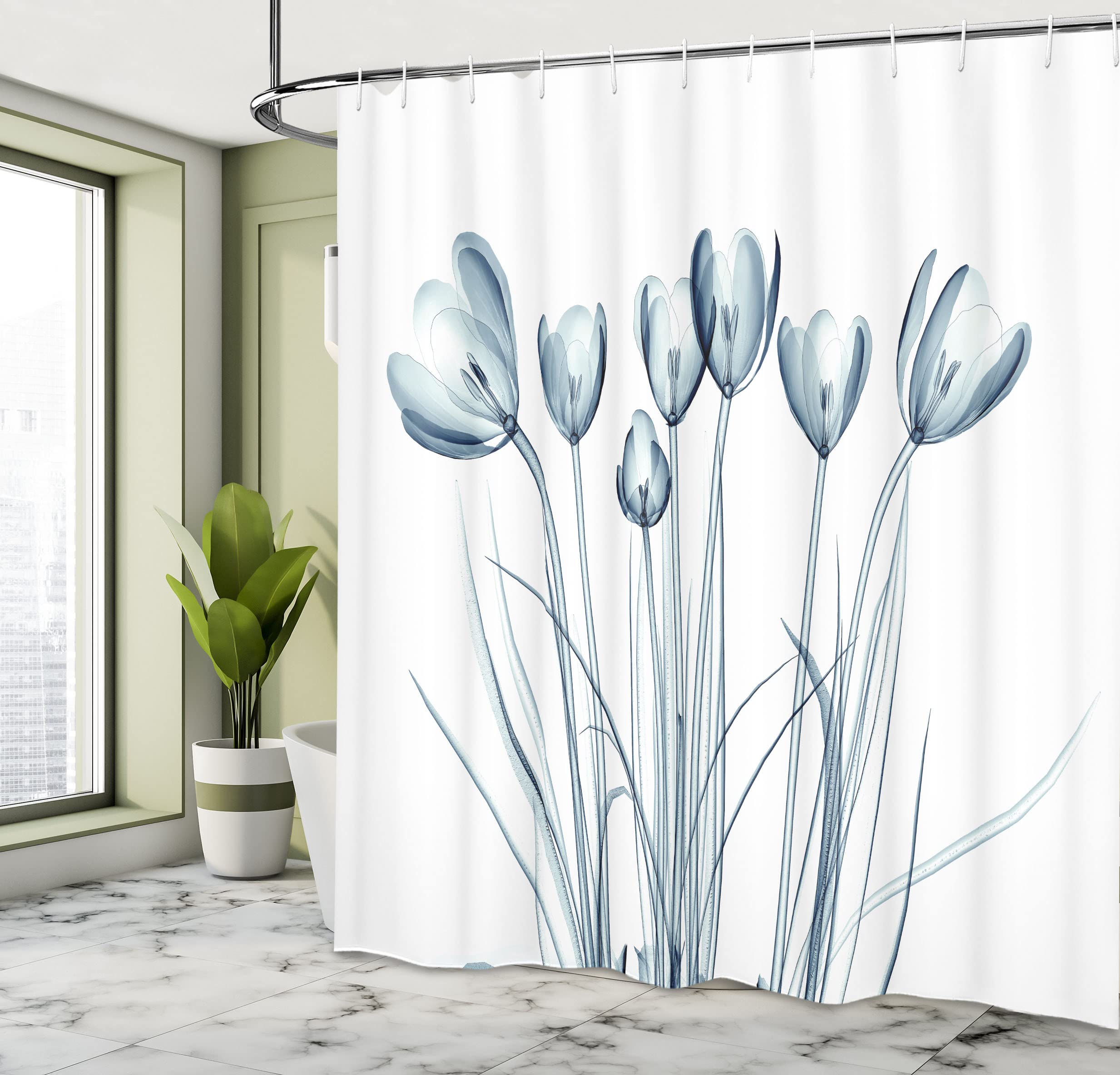 Ambesonne Flower Shower Curtain, X-ray Image of Tulips Solarized Effect Nature Inspired, Cloth Fabric Bathroom Decor Set with Hooks, 69" W x 75" L, Petrol Blue