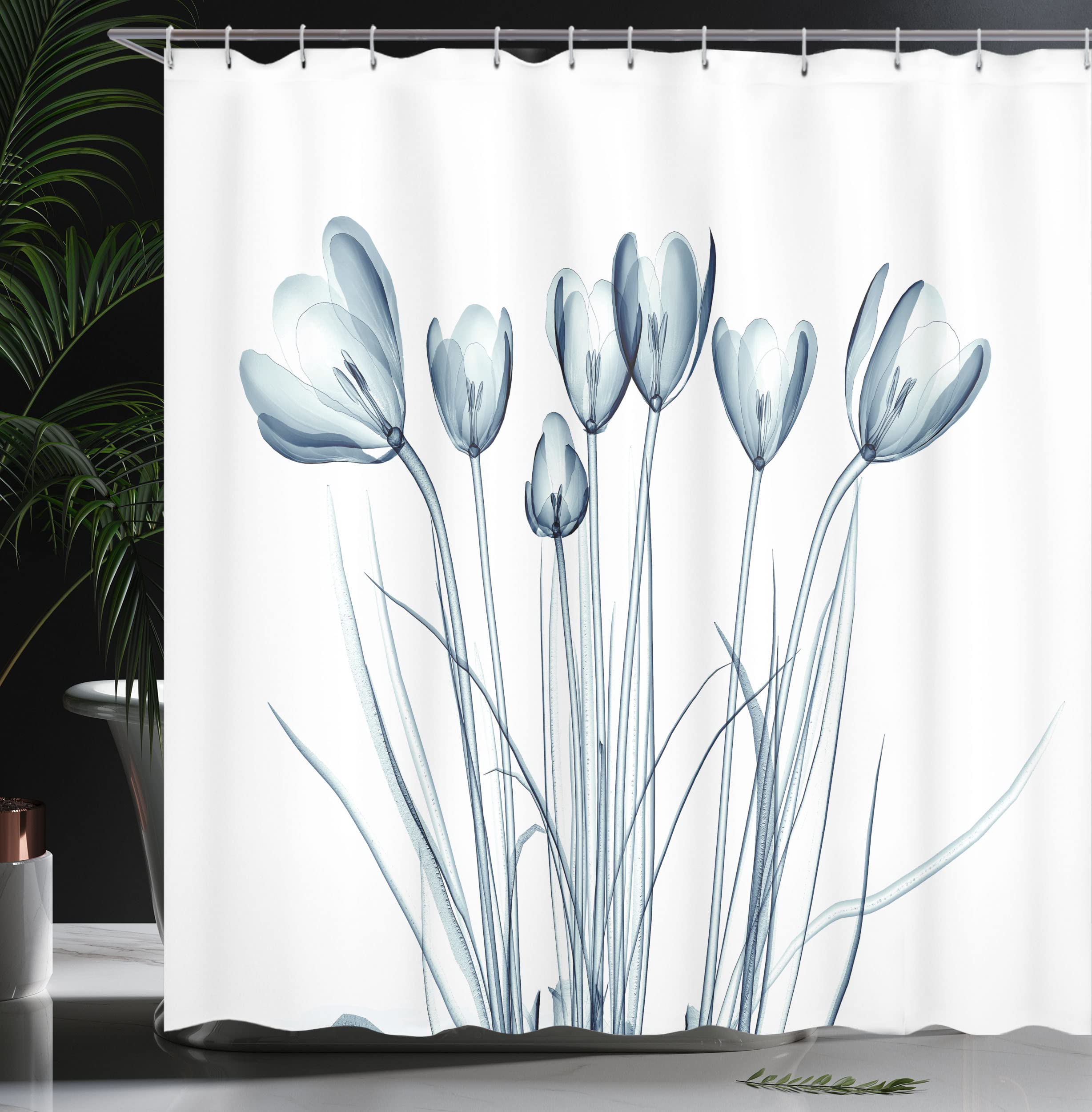 Ambesonne Flower Shower Curtain, X-ray Image of Tulips Solarized Effect Nature Inspired, Cloth Fabric Bathroom Decor Set with Hooks, 69" W x 75" L, Petrol Blue