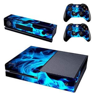 uushop protective vinyl skin decal cover for microsoft xbox one console wrap sticker skins with two free wireless controller decals blue fire flame(not for one s or x)