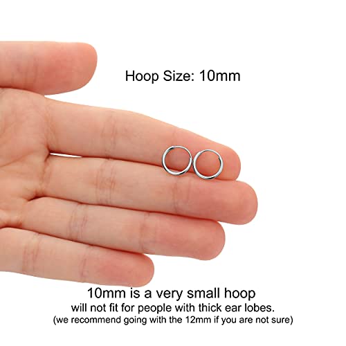 14k White Gold Tiny Endless Hoop Earrings Round Flexible Thin Small little Continuous Real Pure Gold Mini Hoops 10mm