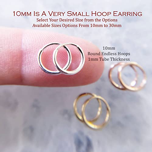 14k White Gold Tiny Endless Hoop Earrings Round Flexible Thin Small little Continuous Real Pure Gold Mini Hoops 10mm