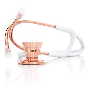 mdf instruments, rose gold procardial cardiology stethoscope, stainless steel, adult, dual head, white tube, rose gold chestpiece-headset, mdf797rg29