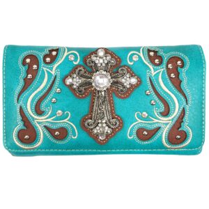 justin west tooled leather laser cut rhinestone cross studded shoulder concealed carry tote style handbag purse (turquoise trifold wallet)