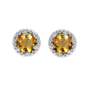 halo stud earrings in 14k white gold with solitaire citrine and diamonds