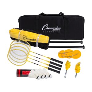 champion sports outdoor badminton set: net, poles, 4 rackets, 4 shuttlecocks & bag - portable equipment for backyard games, team sports, adults & kids