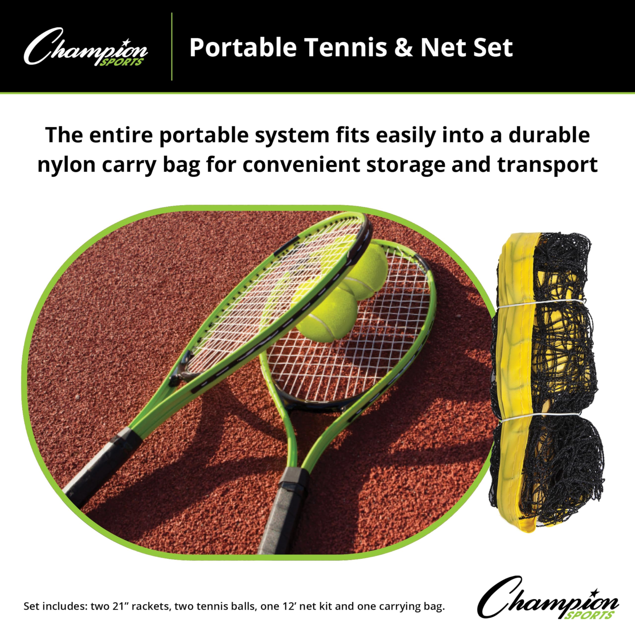 Champion Sports Portable Tennis Game: Racket, Ball and Net Set for 2 Players - 12 feet