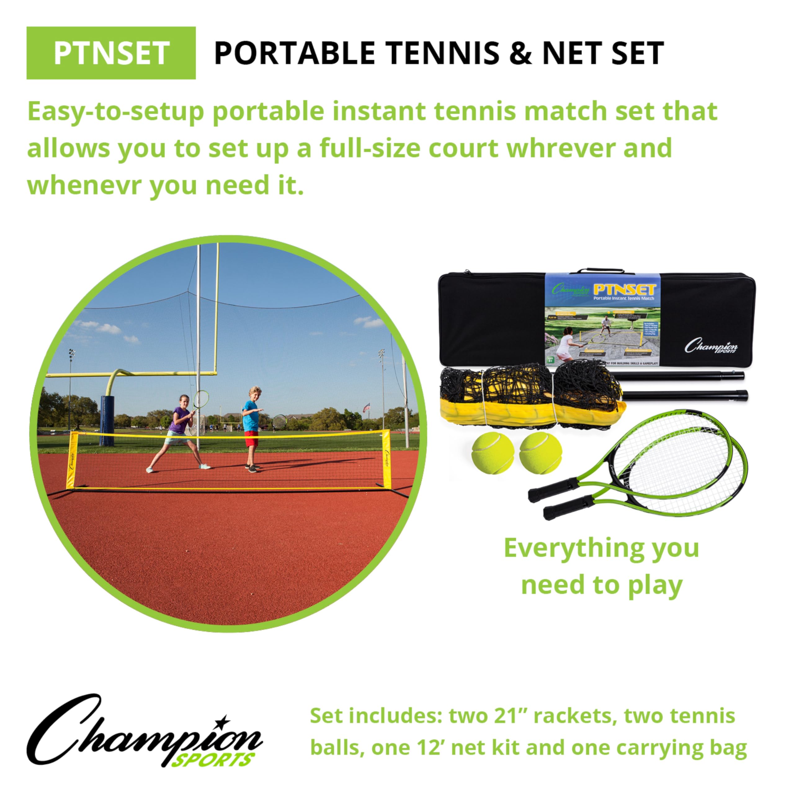 Champion Sports Portable Tennis Game: Racket, Ball and Net Set for 2 Players - 12 feet