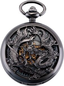 sibosun mechanical pocket watches mens lucky phoenix and dragon skeleton pocket watch black antique roman numerals box