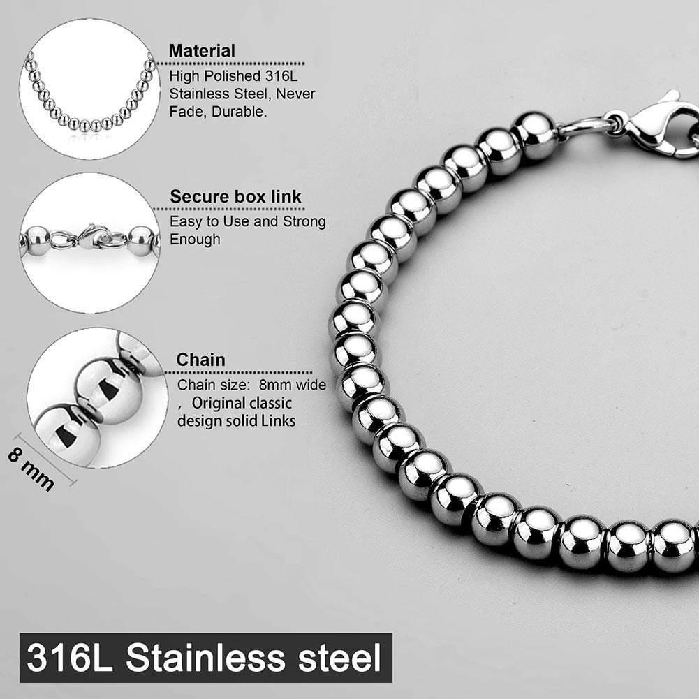 Jewelry Kingdom 1 Necklace for Women and Men, Beaded Chain Stainless Steel, Handmade Jewelry (Thick of 8MM and Length of 18")