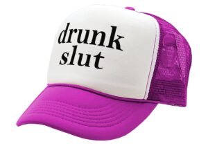 drunk slut - party frat college beer drink - vintage retro style trucker cap hat (neon pink)