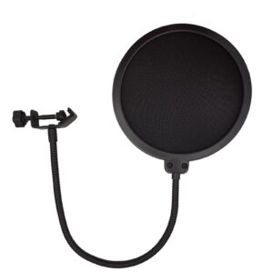 microphone pop filter mask shield, dual layered wind pop screen with 360° gooseneck clip stabilizing arm for broadcasting, recordings,singing